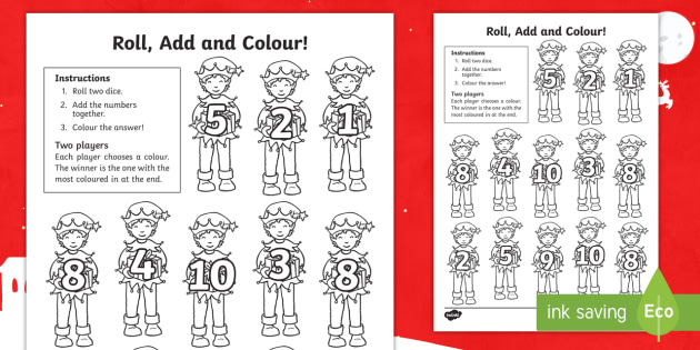 Elf Themed Roll and Colour Worksheet