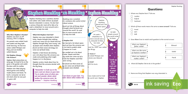 KS1 Stephen Hawking Differentiated Reading Comprehension Activity