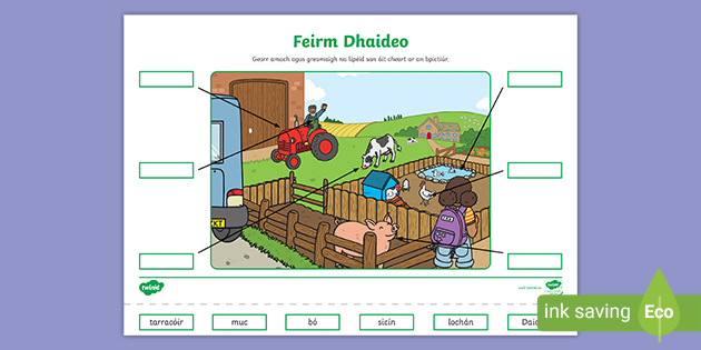 Grandad's Farm Cut and Paste Labelling Worksheet Gaeilge
