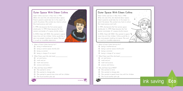 Second Grade Outer Space with Eileen Collins Reading Passage Comprehension