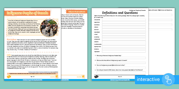 Indigenous People of Canada Reading comprehension