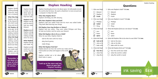 * NEW * KS1 Stephen Hawking Differentiated Reading Comprehension