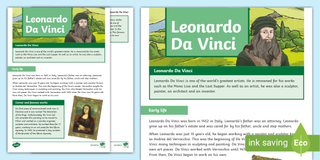 Reading Comprehension Homework Week 23 Leonardo Da Vinci 3rd/4th class