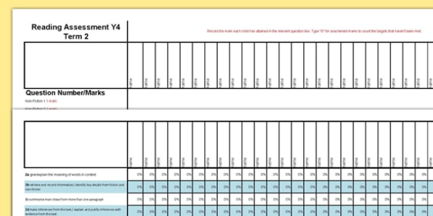 Year 4 Reading Assessment: Spreadsheet Term 2 - year 4, reading