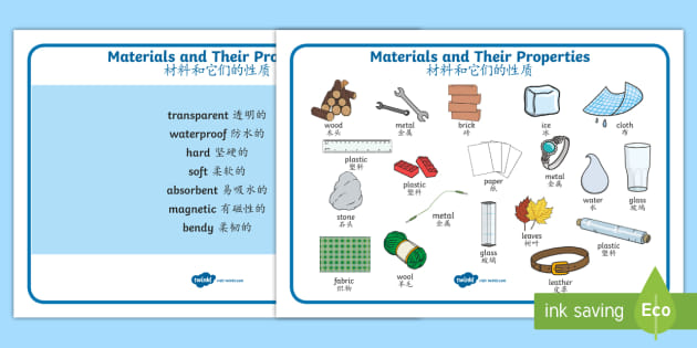 Materials and Their Properties Word Mats English/Mandarin-Chinese