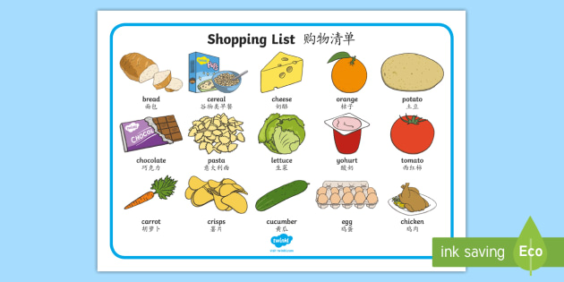 Shopping List Word Mat English/Mandarin Chinese - Shopping List Word Mat