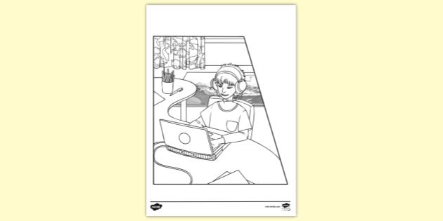Child On A Computer Laptop Colouring Sheet