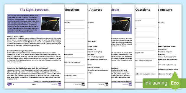 Y6 Science The Light Spectrum Differentiated Reading Comprehension Activity