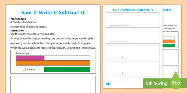 KS1 Spin It Write It Subtract It Number Rods Worksheet / Worksheet