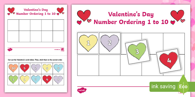 👉 Valentine’s Day Cut and Stick Number Ordering Sheet 1 to 10
