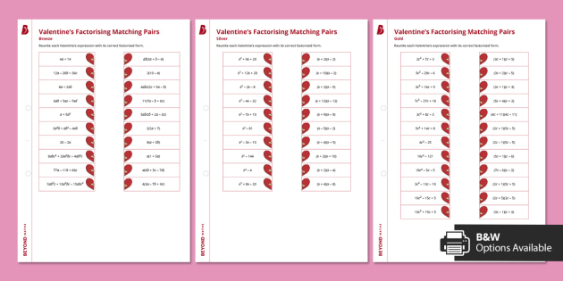 Valentine's Factorising Matching Pairs Differentiated Worksheet ...