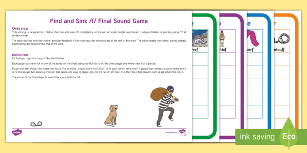 Find and Sink /f/ Final Sound Game (teacher made)