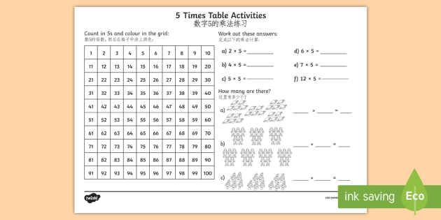 5 Times Table Worksheet / Worksheet English/Mandarin Chinese