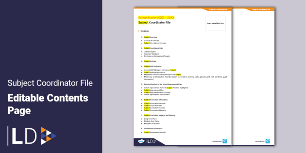 Foundation Subject Coordinator File Editable Contents Page
