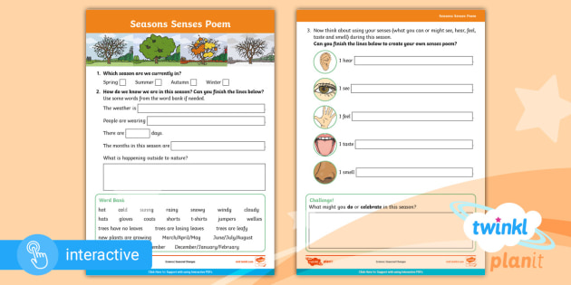 Interactive PDF: Home Learning: Science: Year 1: Seasons Senses Poem
