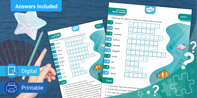 Sea Creatures Word Jumble Puzzle - L1 - Twinkl Puzzled