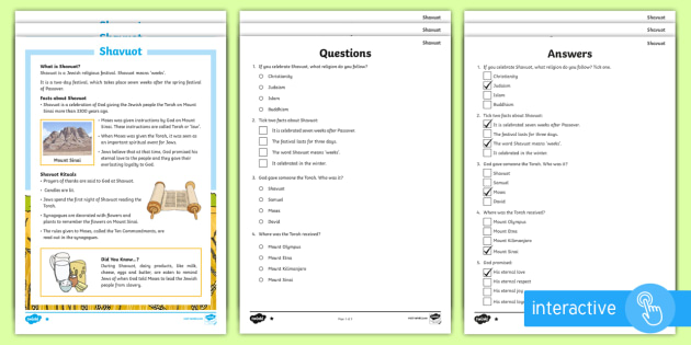 Shavuot Differentiated Comprehension Go Respond Worksheets