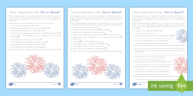 Texas Independence Fact and Opinion Differentiated Worksheet - Grades 3-5