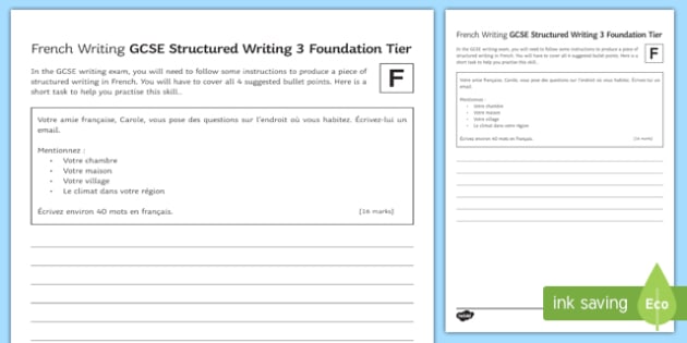 GCSE French Structured Writing 3 Foundation Tier Worksheet / Worksheet