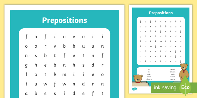 Preposition Word Search | Preposition Worksheet