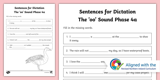 Linguistic Phonics Phase 4a 'oo' Sound Dictation Sentences Worksheet