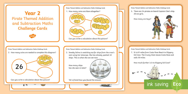 Year 2 Pirate Themed Addition and Subtraction Maths Challenge Cards