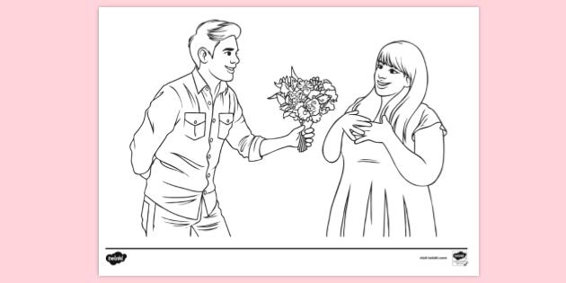 FREE! - Man Giving Woman Flowers Colouring | Colouring Sheets