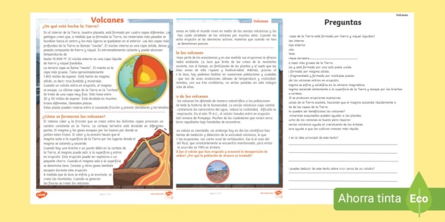 Hojas De Trabajo De Comprensión Lectora Sobre Volcanes El Volcán