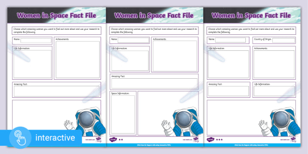 Interactive PDF: Women in Space Fact File Research Activity Sheet