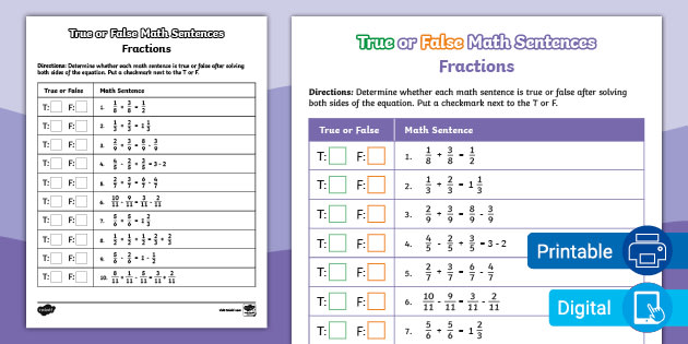 True or False Math Fractions Worksheet | Number Sentences