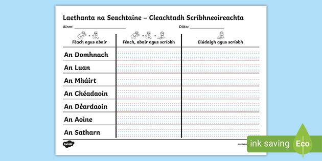 Laethanta na Seachtaine - Cleachtadh Scríbhneoireachta