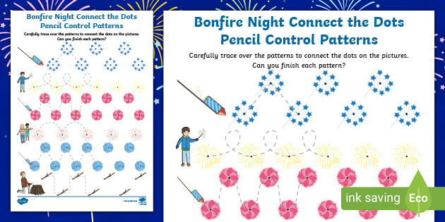 Bonfire Night Connect the Dots Pencil Control Patterns Worksheet