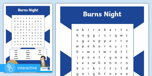 Interactive Burns Night Words Search (teacher made)