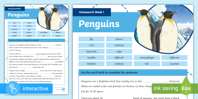 Homework Cloze Procedure Week 1 Penguins 3rd/4th Class