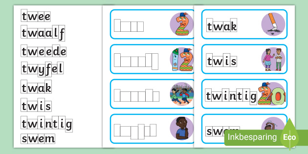 Bou Woorde Met Beginklanke -tw, -sw en -kw Woordkaarte