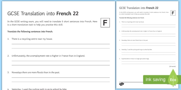GCSE Translation into French 22 Foundation Tier Worksheet / Worksheet