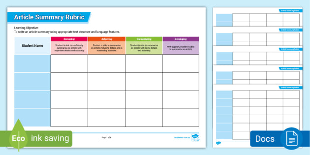 Article Summary Rubric - Primary Education Resource