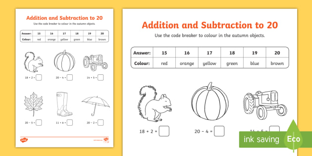 Autumn-Themed Number Facts within 20 Code Breaker Worksheet