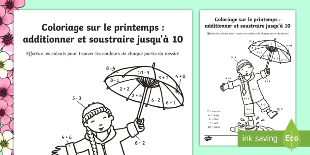 Coloriages et additions : Le printemps (teacher made)