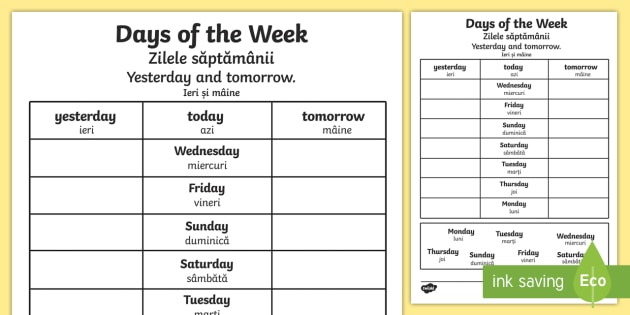 Days of the Week Yesterday and Tomorrow Worksheet / Worksheet