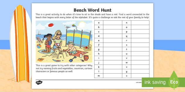 Beach Word Hunt Worksheet / Worksheet - holiday, family, games, seaside