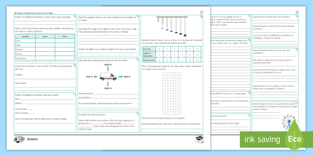 AQA Physics (Combined Science) Unit 5: Forces Higher Revision Activity Mat