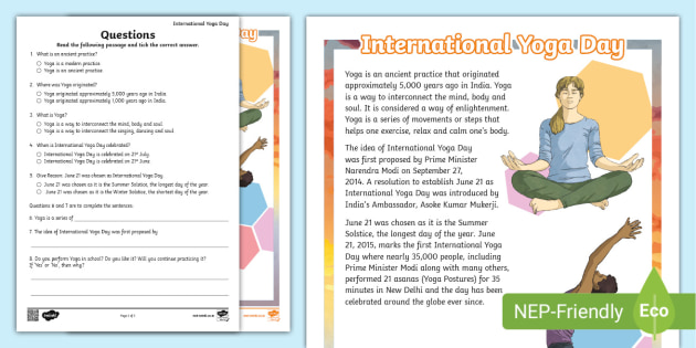 International Yoga Day Reading Comprehension (teacher made)