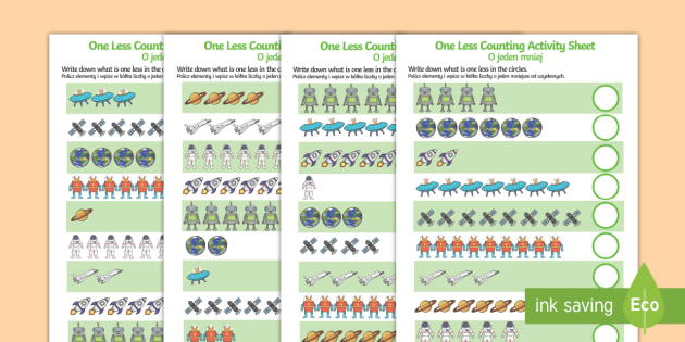 Space Themed One Less Counting Worksheet / Worksheet English/Polish