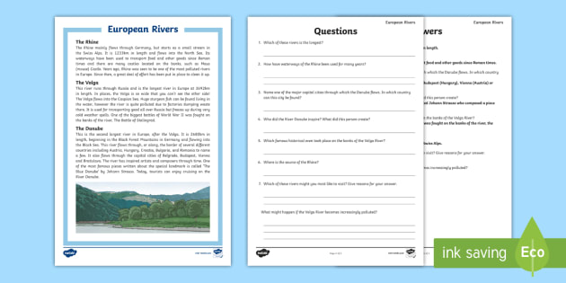 European Rivers Reading Comprehension Activity - river, worksheet