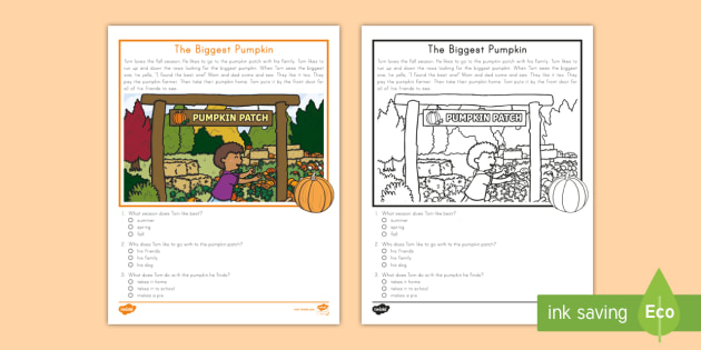 First Grade The Biggest Pumpkin Reading Passage Comprehension Activity
