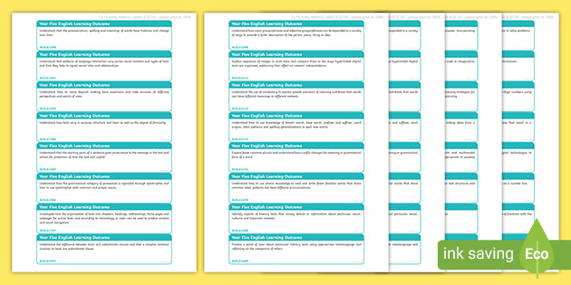 Australian Curriculum Year 5 Learning Outcomes Labels