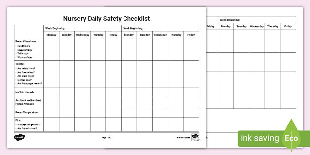 Risks And Hazards In An Early Years Setting Checklist