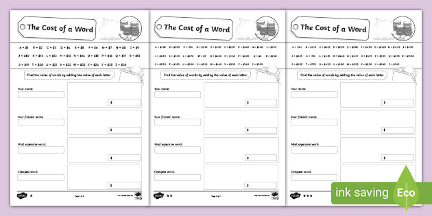 The Cost of a Word - Adding Money Worksheet (teacher made)