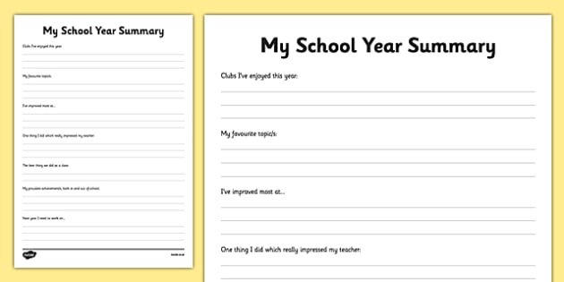 My School Year Summary Worksheet